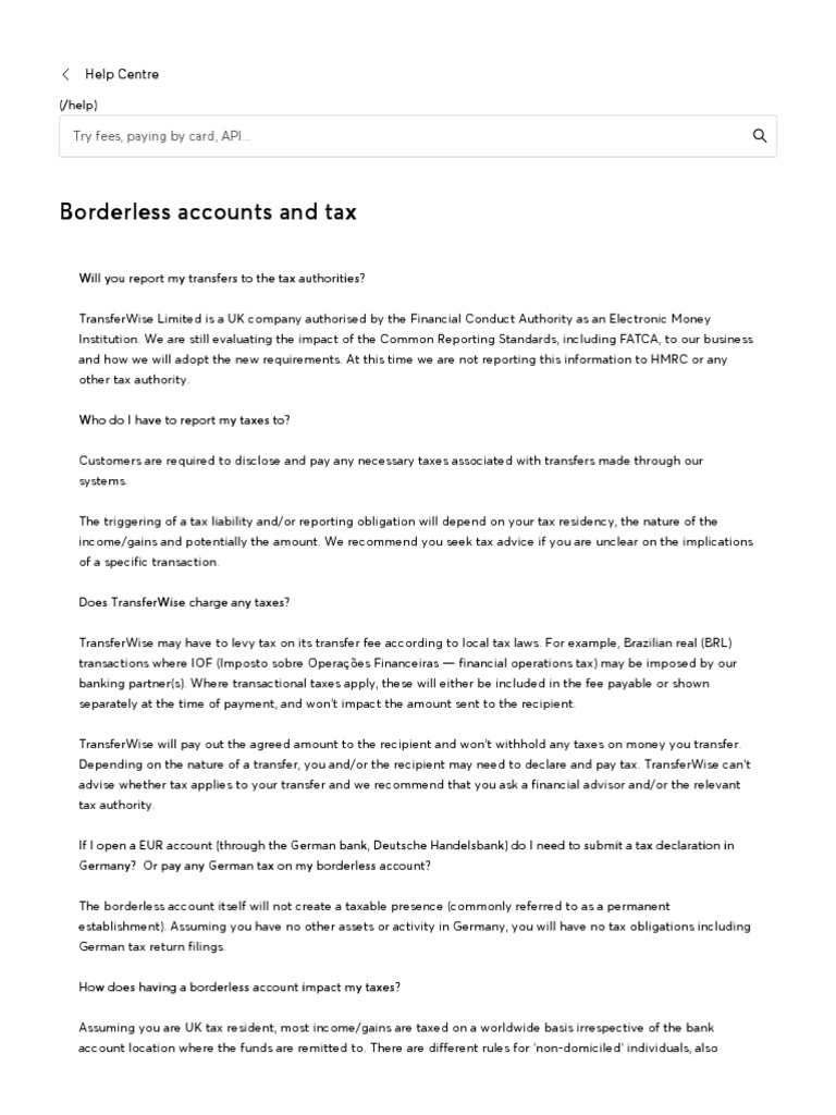 Borderless Accounts and Tax - TransferWise Help Centre | PDF | Taxes | Market (Economics)