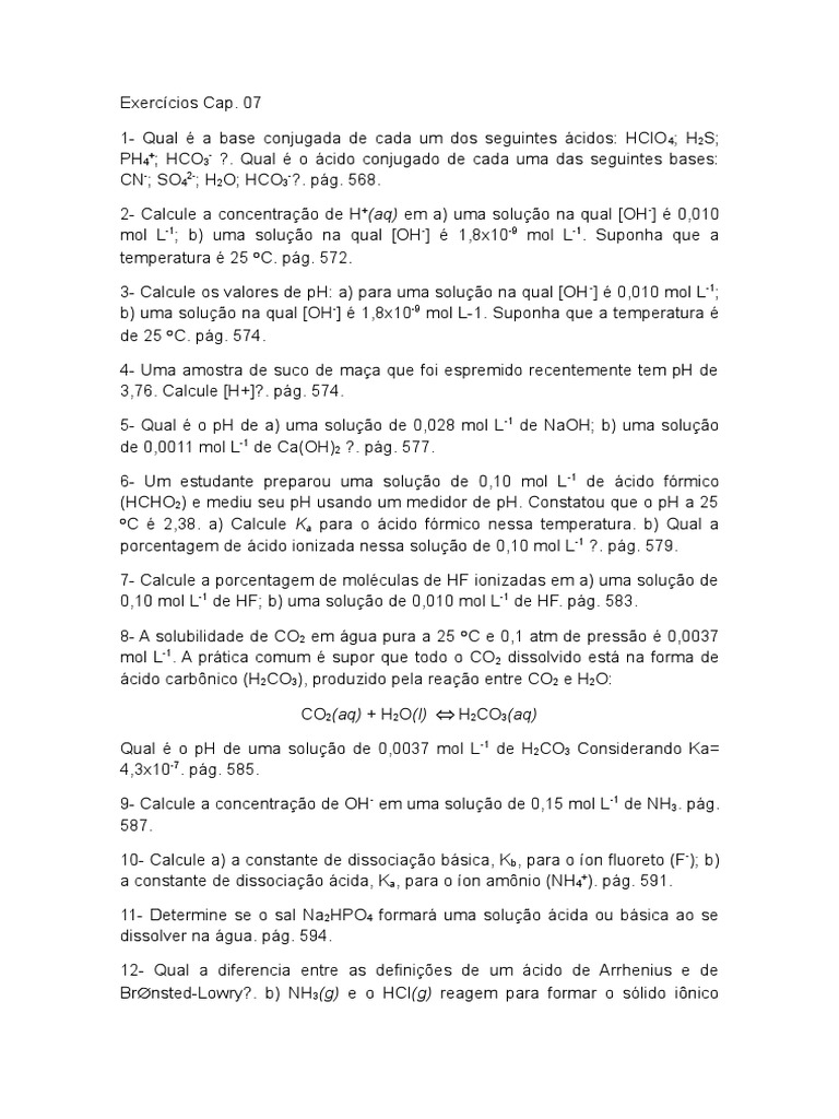 Exercícios Cap. 7 e Cap. 8 | PDF | Ácido | Ph