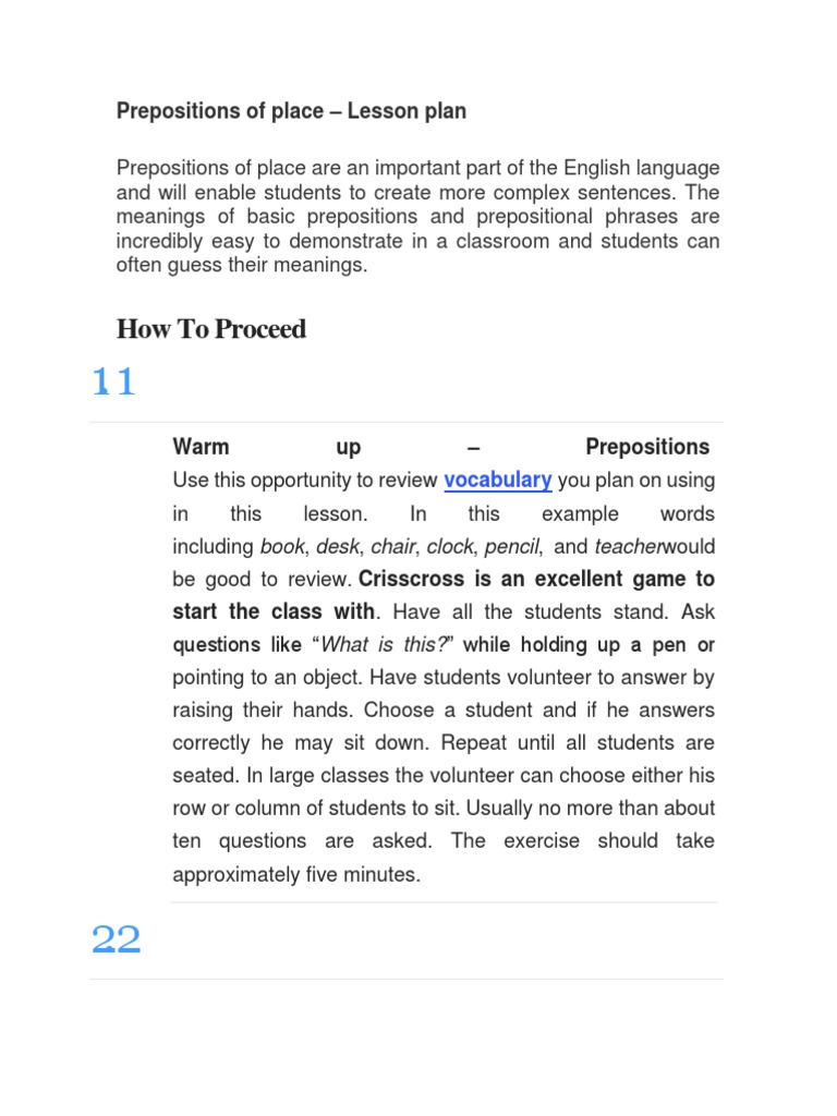Prepositions of Place Lesson Plan | PDF | Preposition And Postposition ...