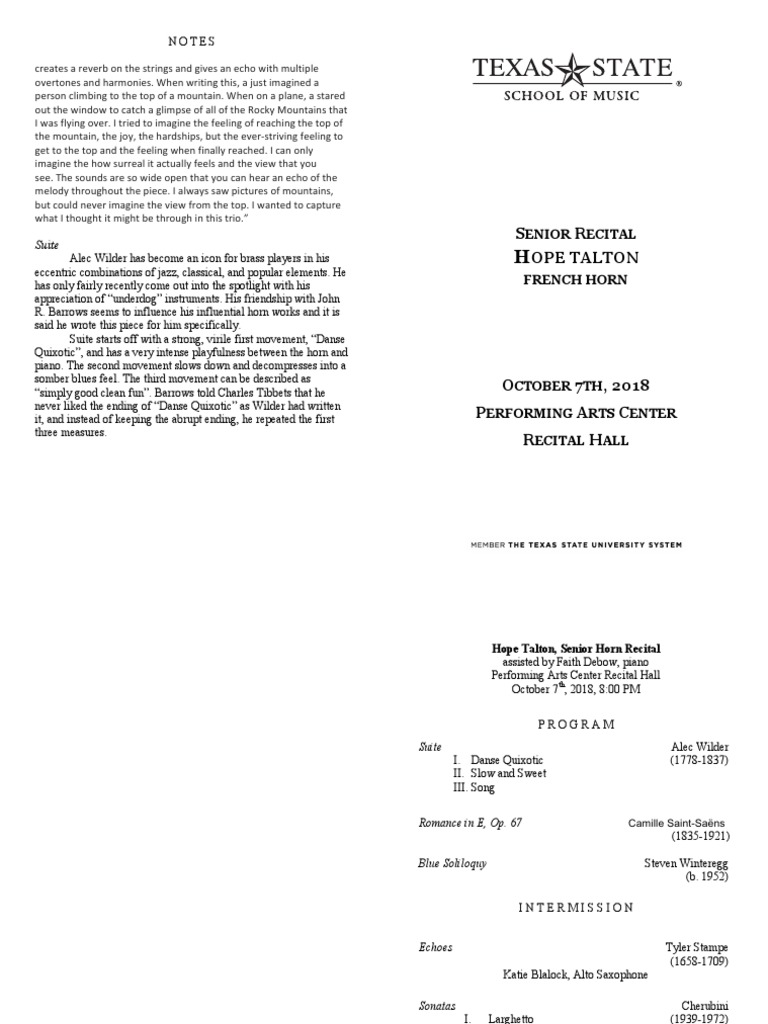 Hope Talton Senior Recital Program | PDF | French Horn | Tempo