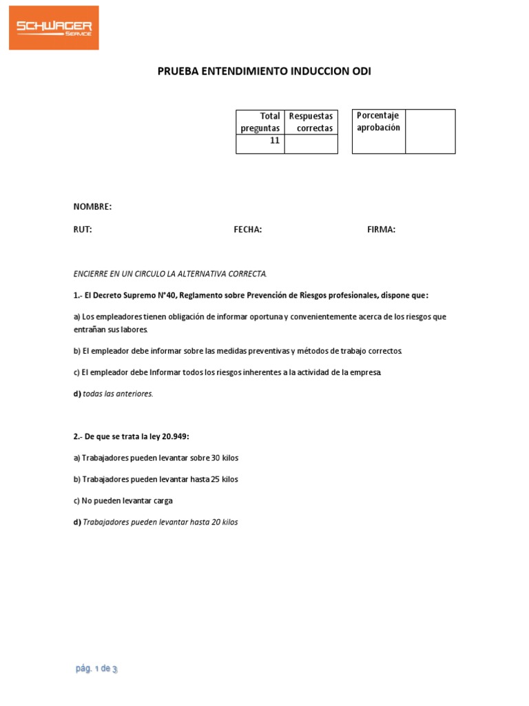 Prueba Entendimiento Induccion Odi | PDF | Bienestar | Medicina