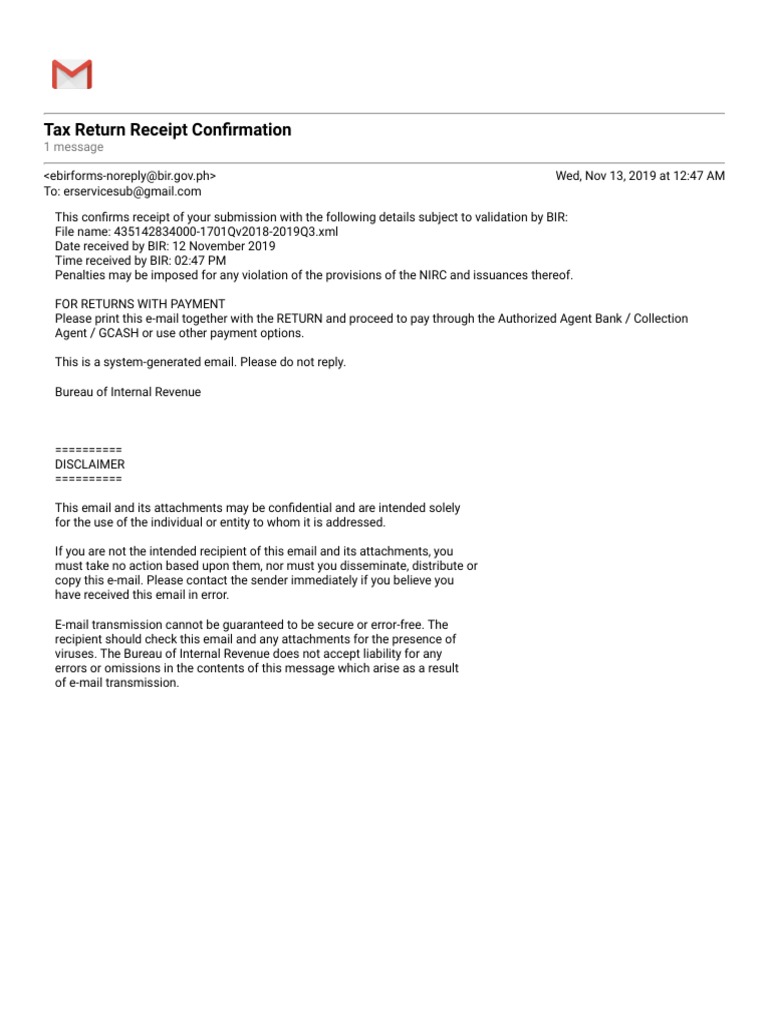 Tax Return Receipt Confirmation Email | PDF