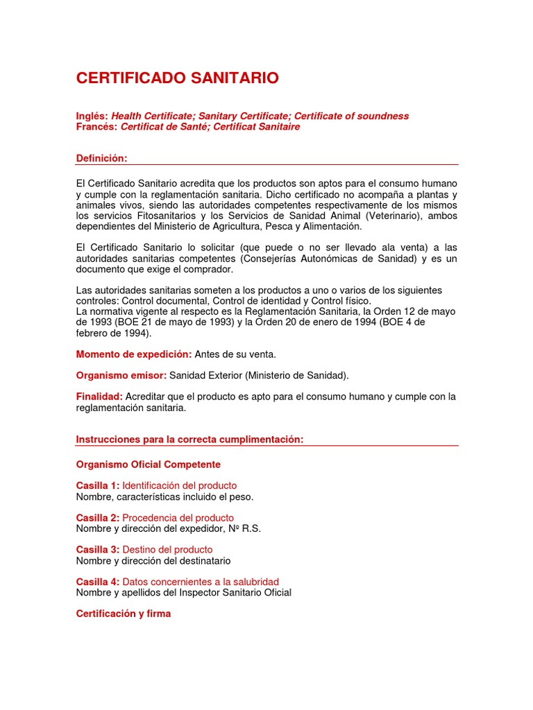 Certificado Sanidad | PDF