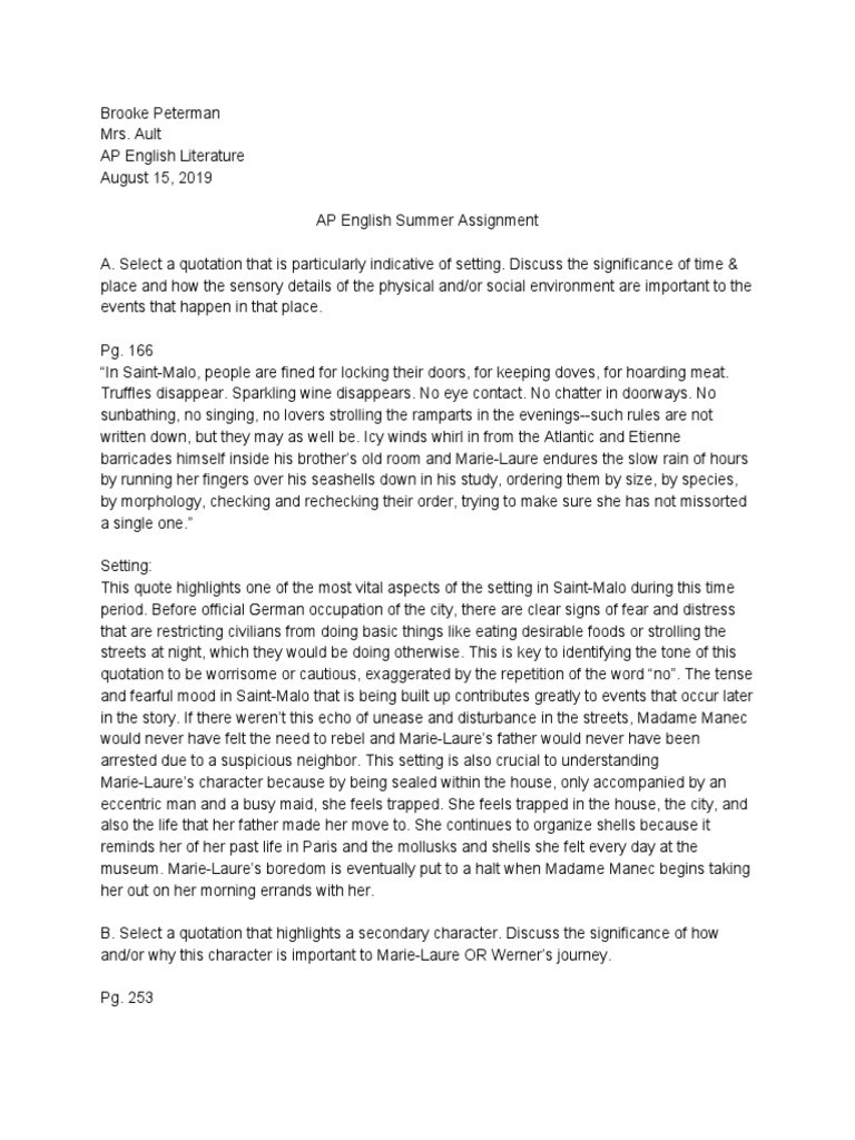 Ap English Summer Assignment | PDF
