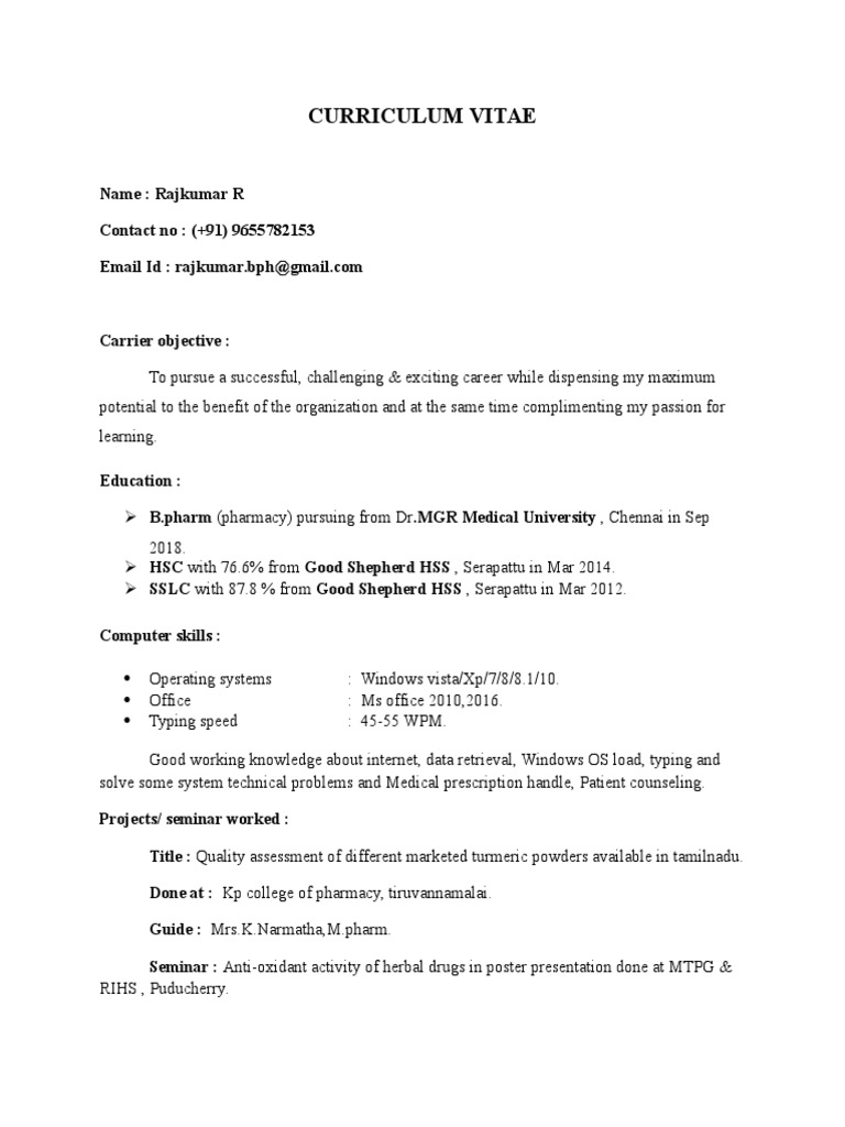Rajkumar R's Curriculum Vitae | PDF | Pharmacy | Health Care