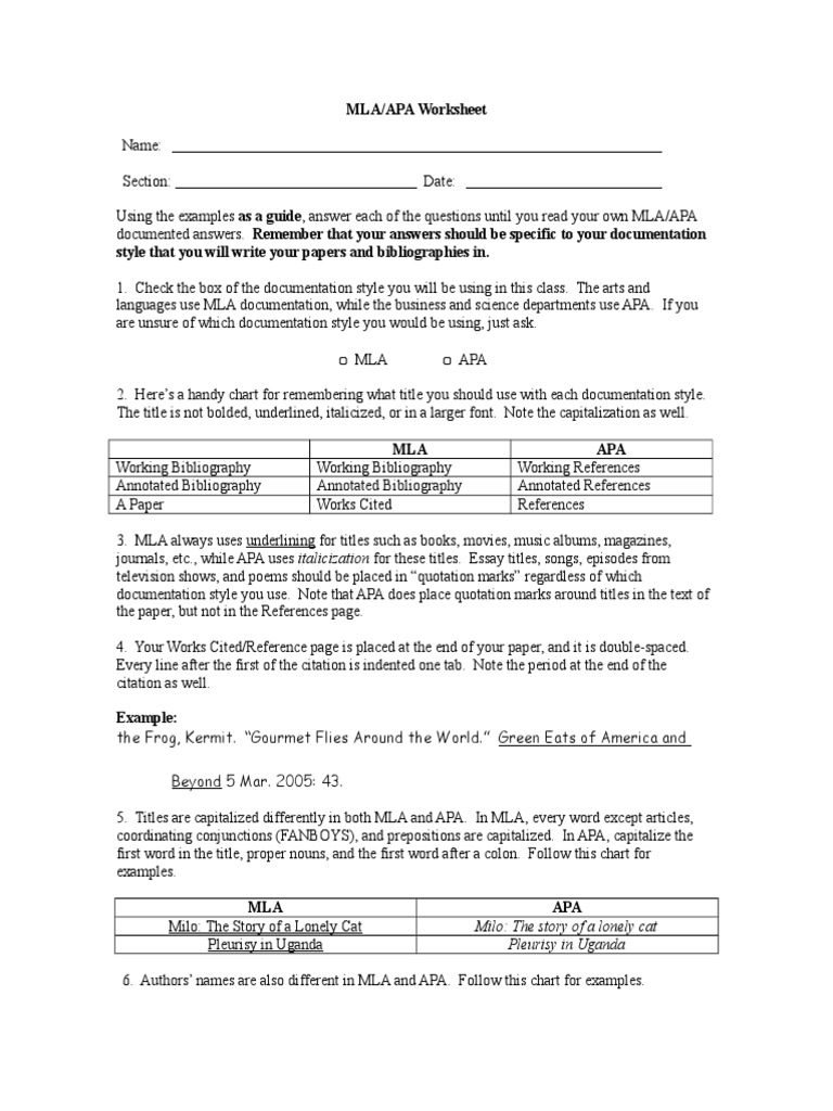 Mla A Pa Worksheet | PDF | Citation | Apa Style
