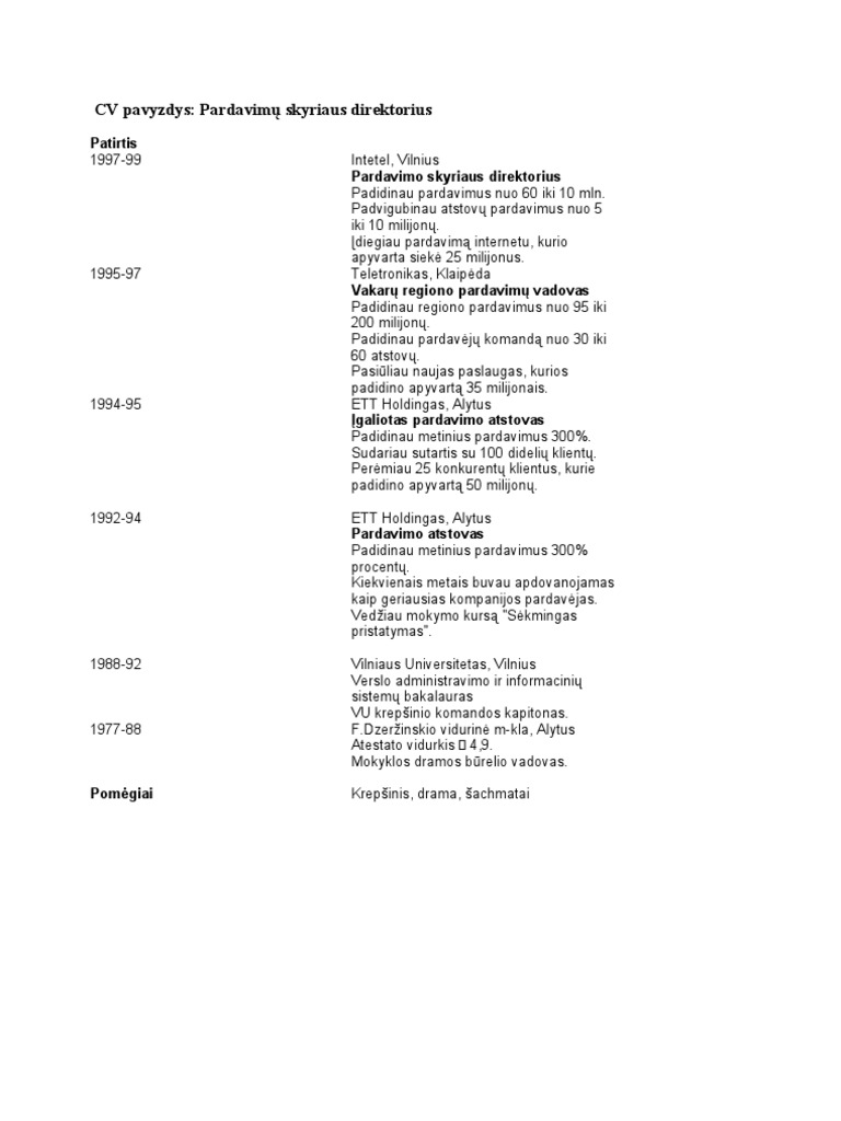 CV PVZ (Pardavimu Vadovas) | PDF