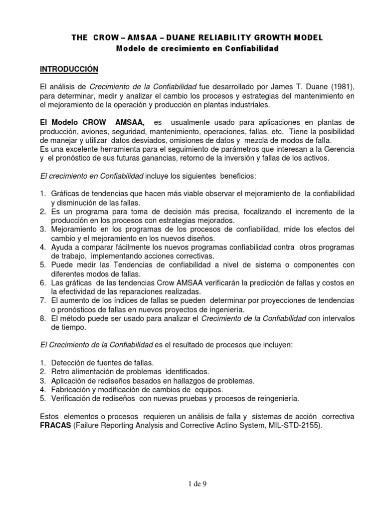 Modelo CROW AMSAA en Confiabilidad | PDF | Ingeniería de confiabilidad ...
