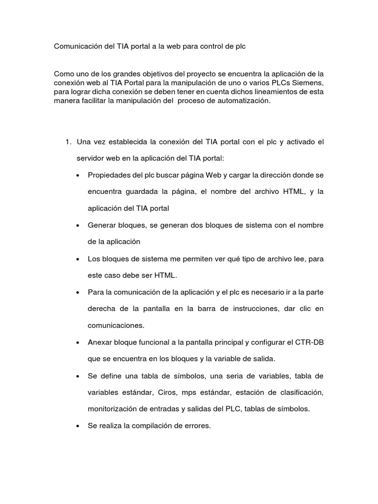 Comunicación Del TIA Portal A La Web para Control de PLC | PDF ...