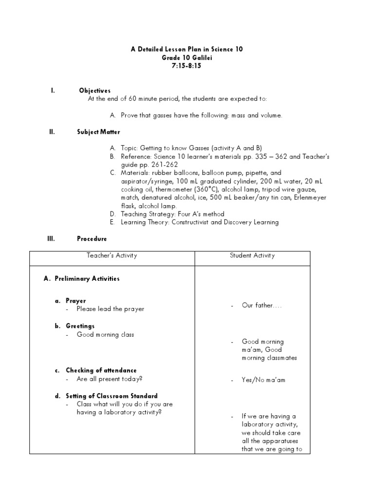 A Detailed Lesson Plan in Science 10 GASSES | PDF | Balloon | Lesson Plan