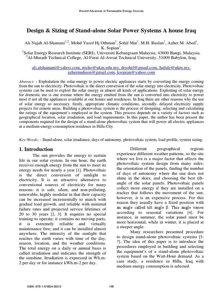 Design and Sizing of Stand Alone Solar Power System | PDF | Photovoltaic System | Photovoltaics