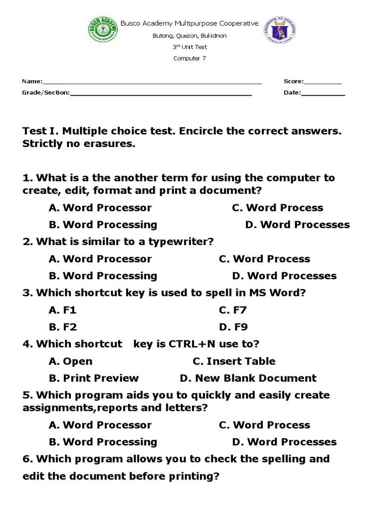 Grade 7 3rdunit Test | PDF | Microsoft Word | Tab (Gui)