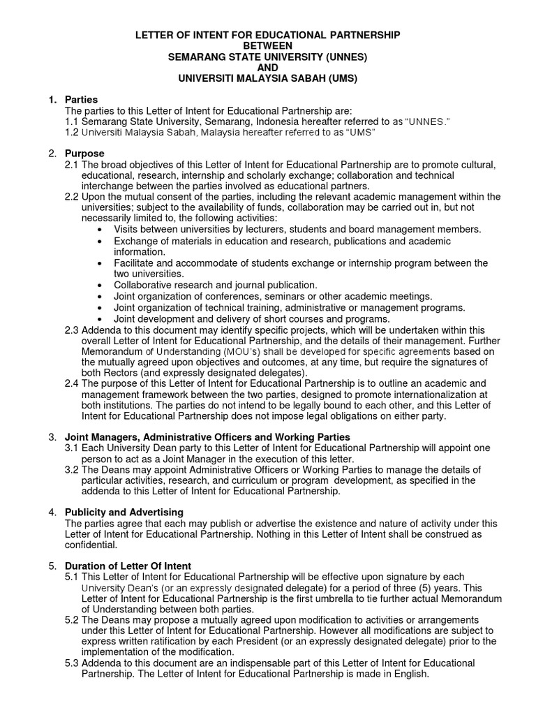 Letter of Intent For Educational Partnership | PDF | University ...