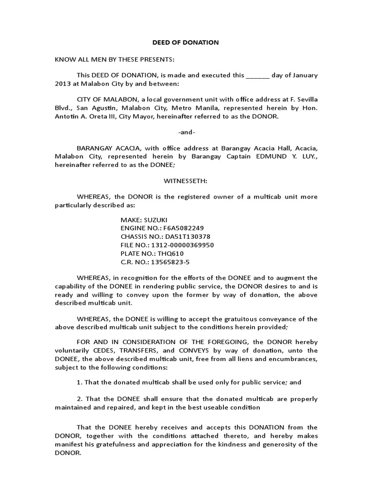 Deed of Donation Sample | PDF | Private Law | Property Law