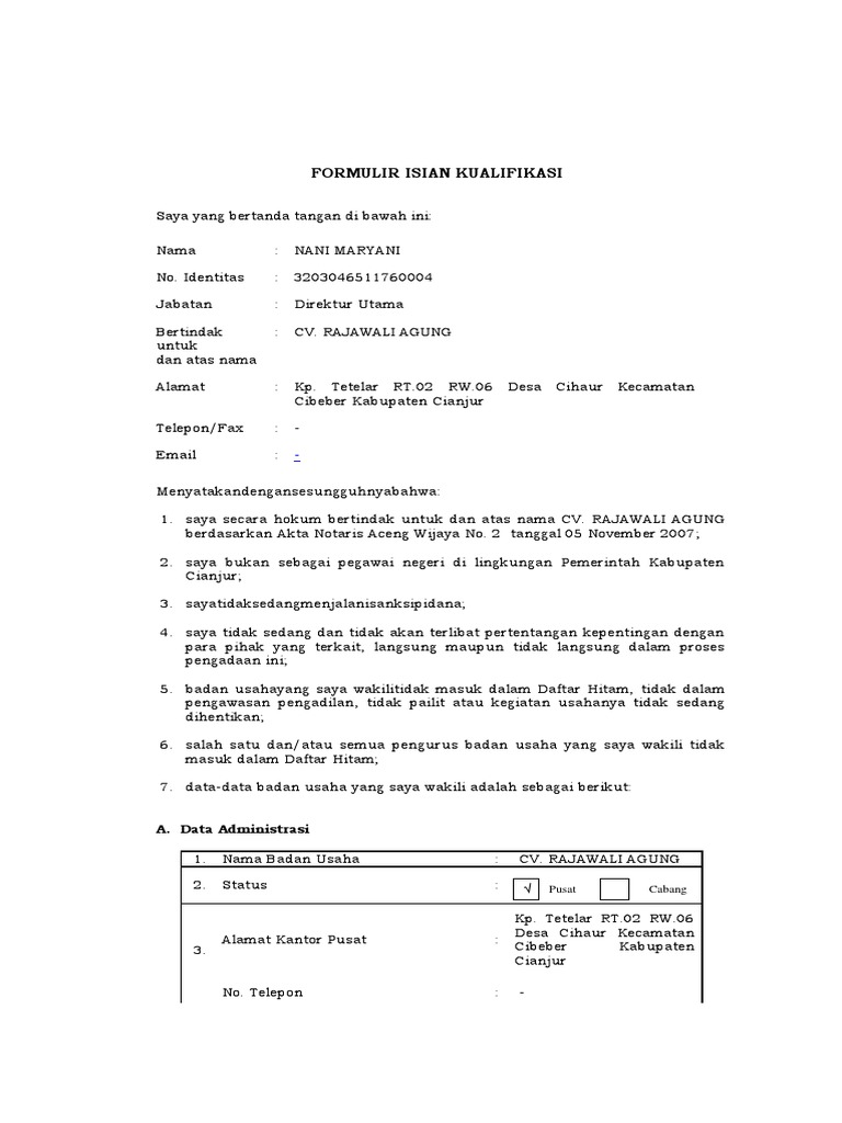 Formulir Isian Kualifikasi - CV. RAJAWALI AGUNG | PDF