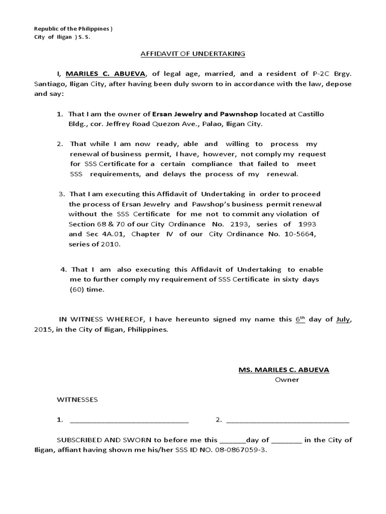 Affidavit of Undertaking | PDF