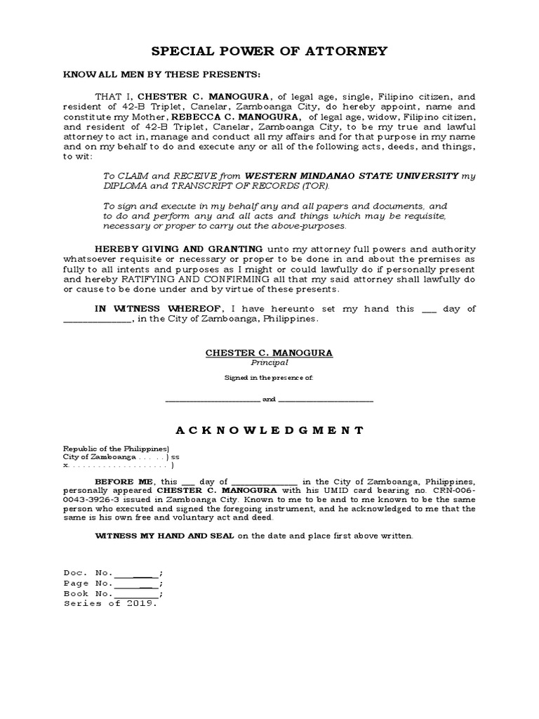 Special Power of Attorney for Diploma Claim | PDF | Power Of Attorney ...