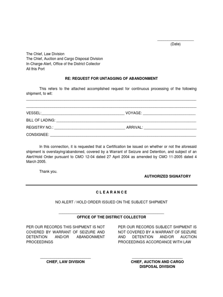 Request For Untagging of Abandonment Form | PDF | Government | Common Law