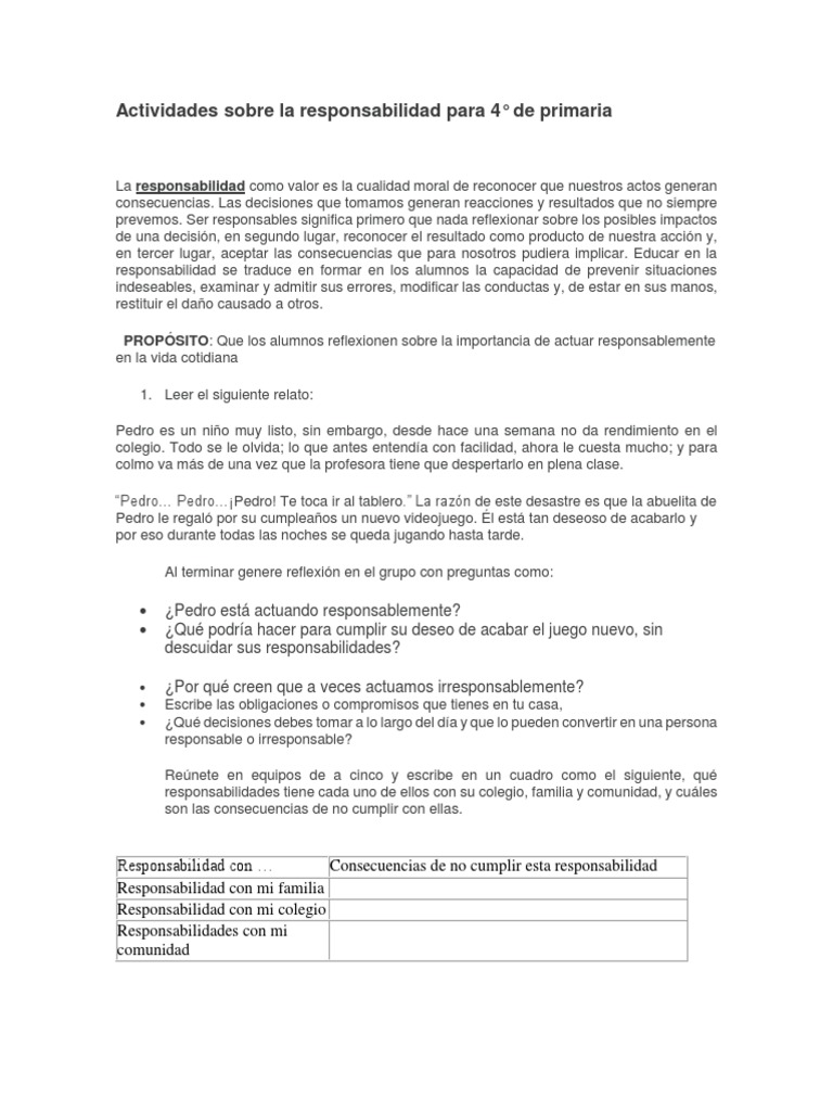 Taller Sobre La Responsabilidad | PDF | Relaciones personales, crianza ...