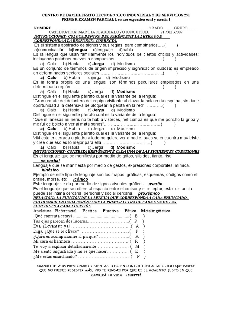 Examen Parcial de Lenguaje y Comunicación | PDF | Comunicación | Cognición
