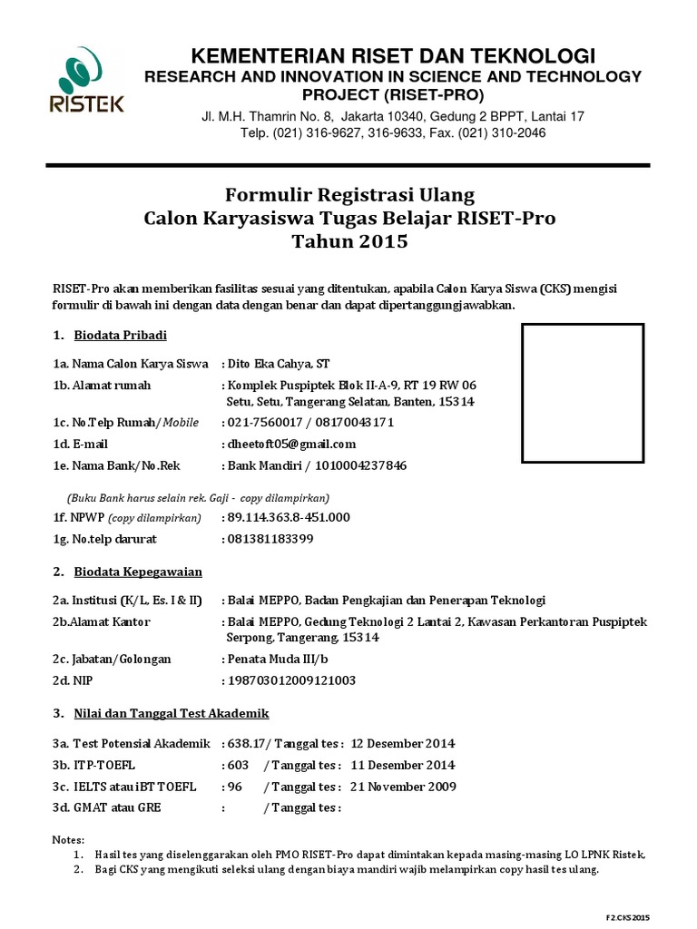 Form Daftar Ulang Riset-Pro | PDF