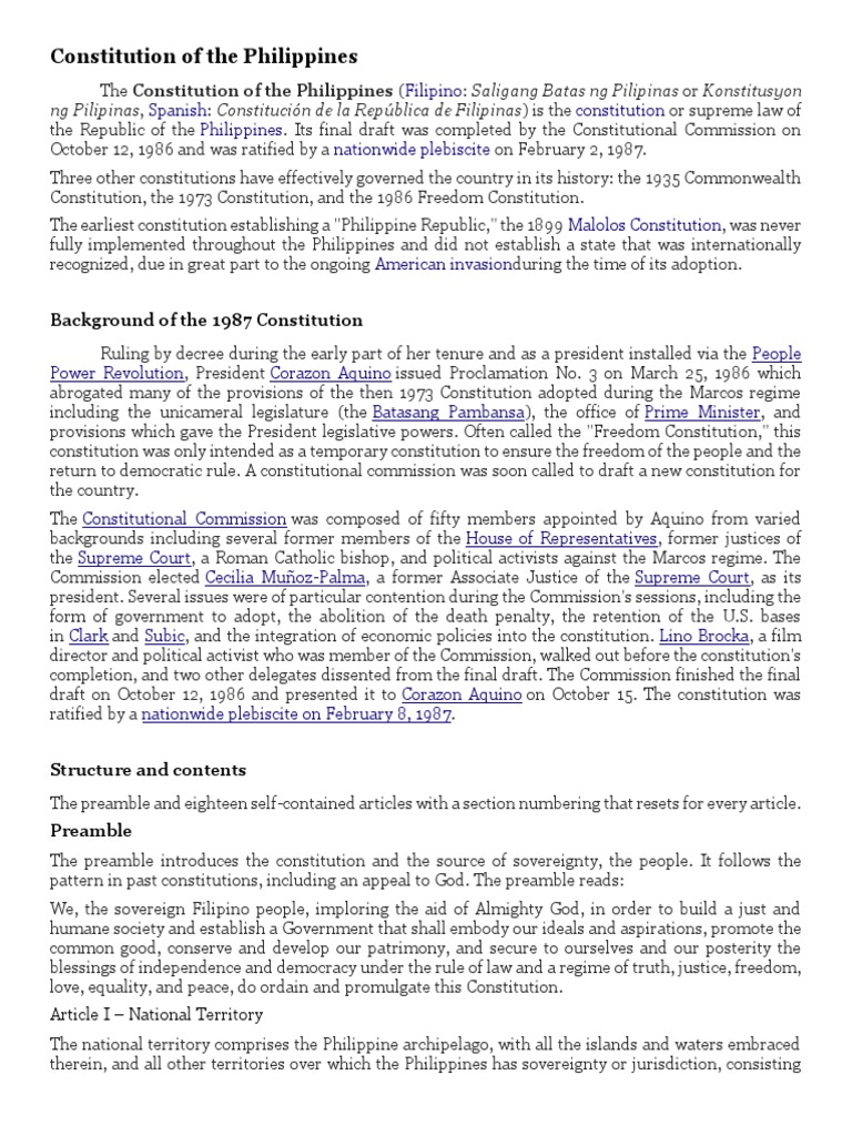 1987 Philippine Constitution Overview | PDF | Legal Documents ...