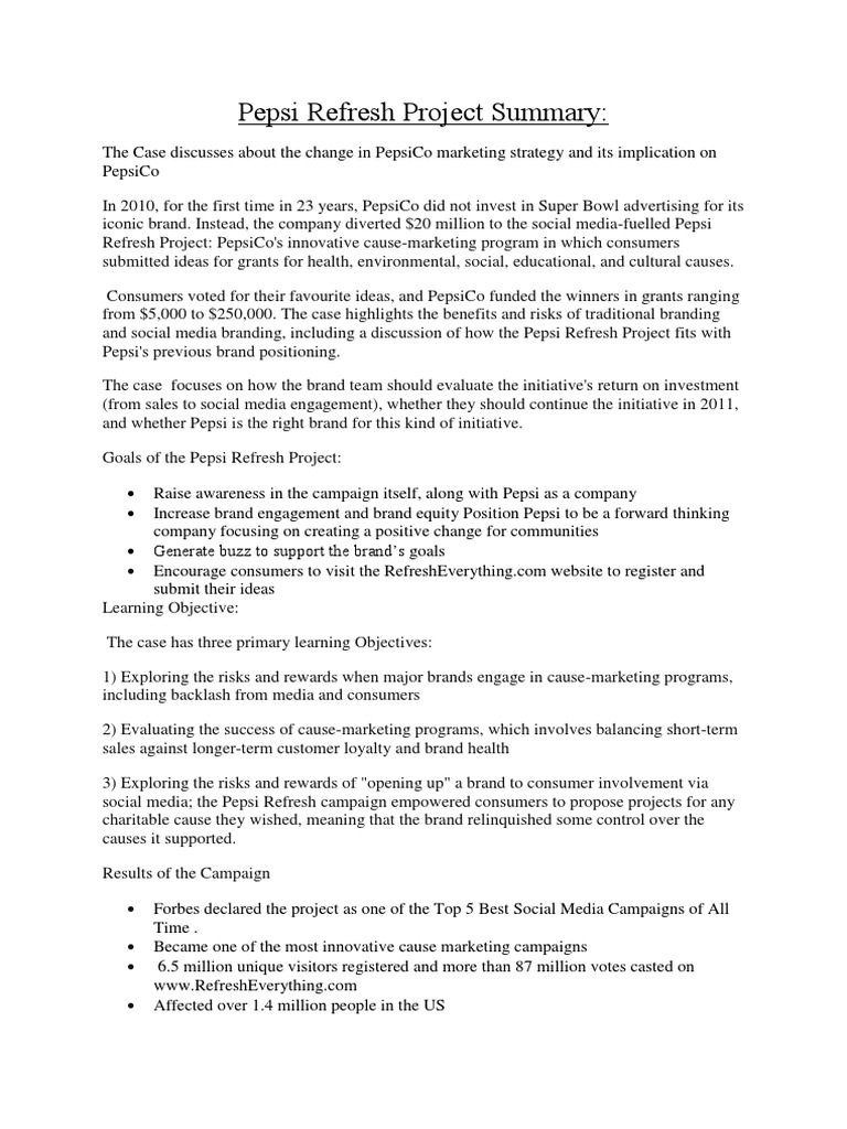 Pepsi Refresh Project Summary | PDF | Pepsi Co | Brand