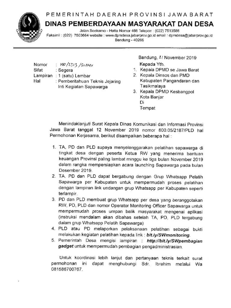 Surat Kadis DPMD TTG Sapawarga | PDF