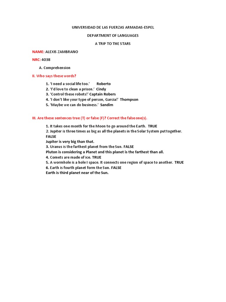 A Trip To The Stars Comprehension Sections II-III | PDF | Young Adult