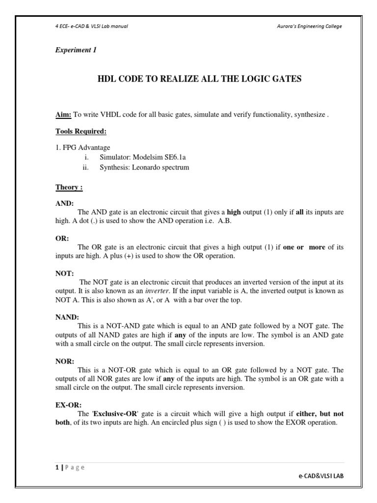 E Cad and Vlsi Lab Manual | PDF | Vhdl | Logic Gate