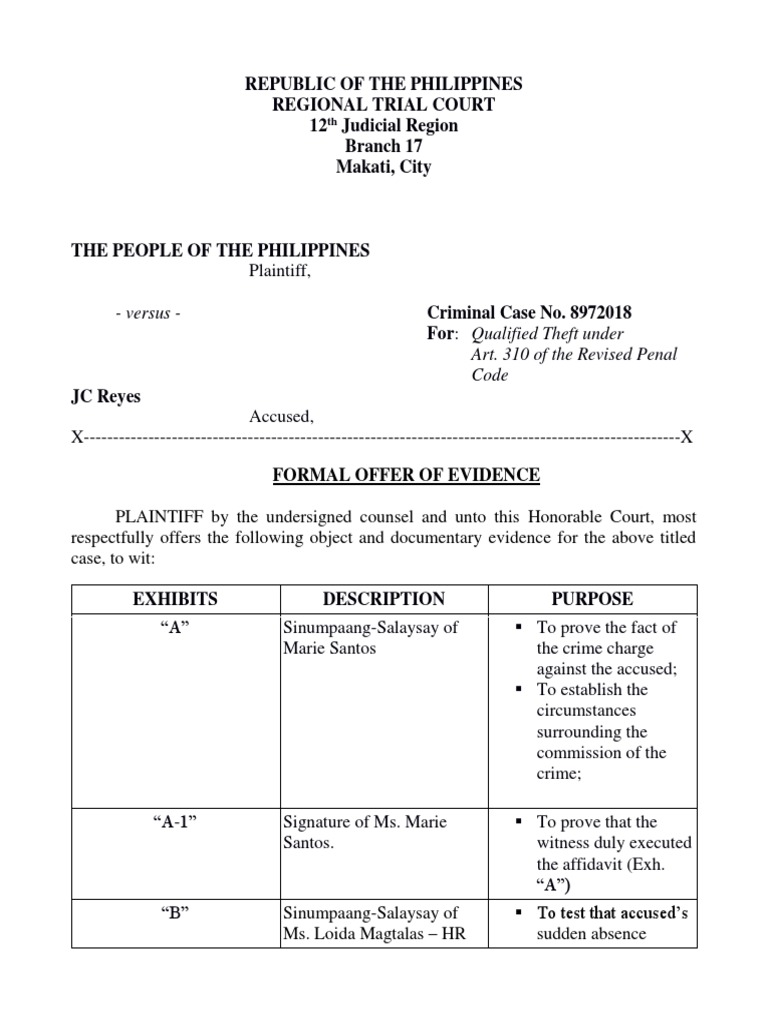 Formal Offer of Evidence | PDF | Prosecutor | Testimony