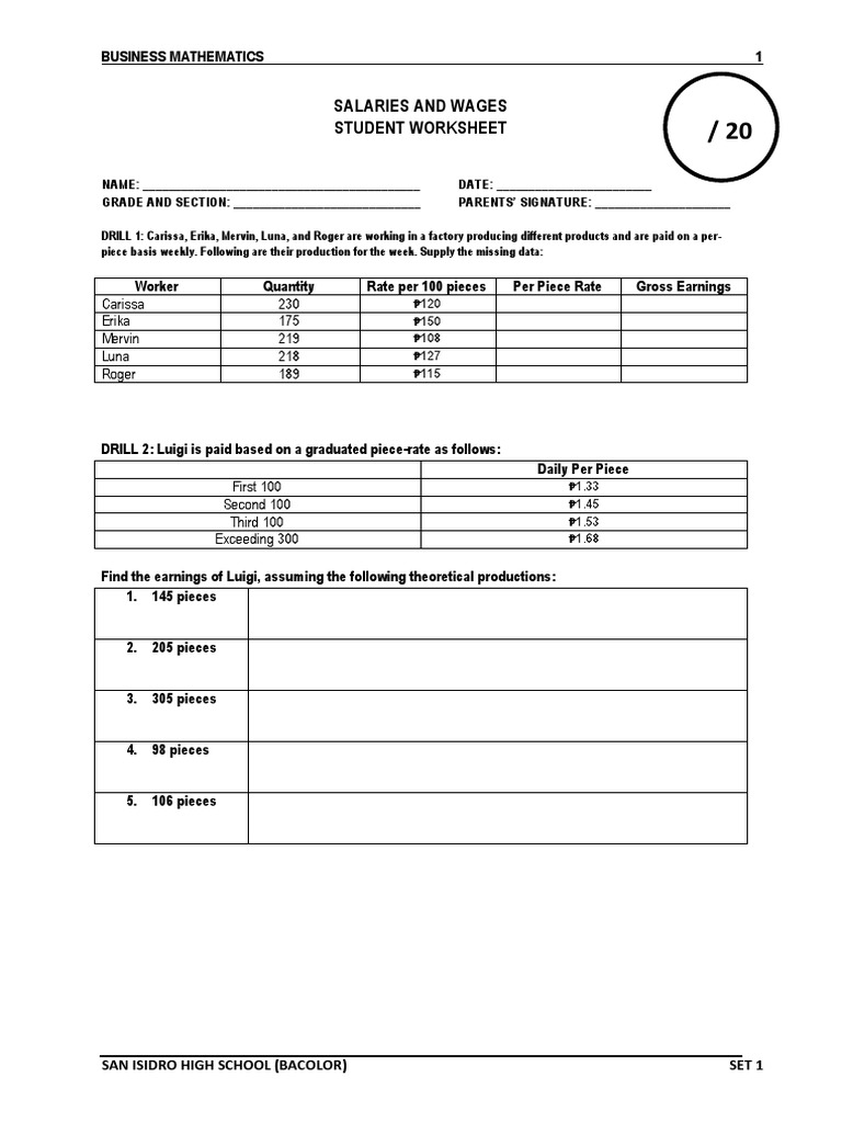Salaries and Wages Worksheet: Calculating Earnings Based on Piece Rates ...