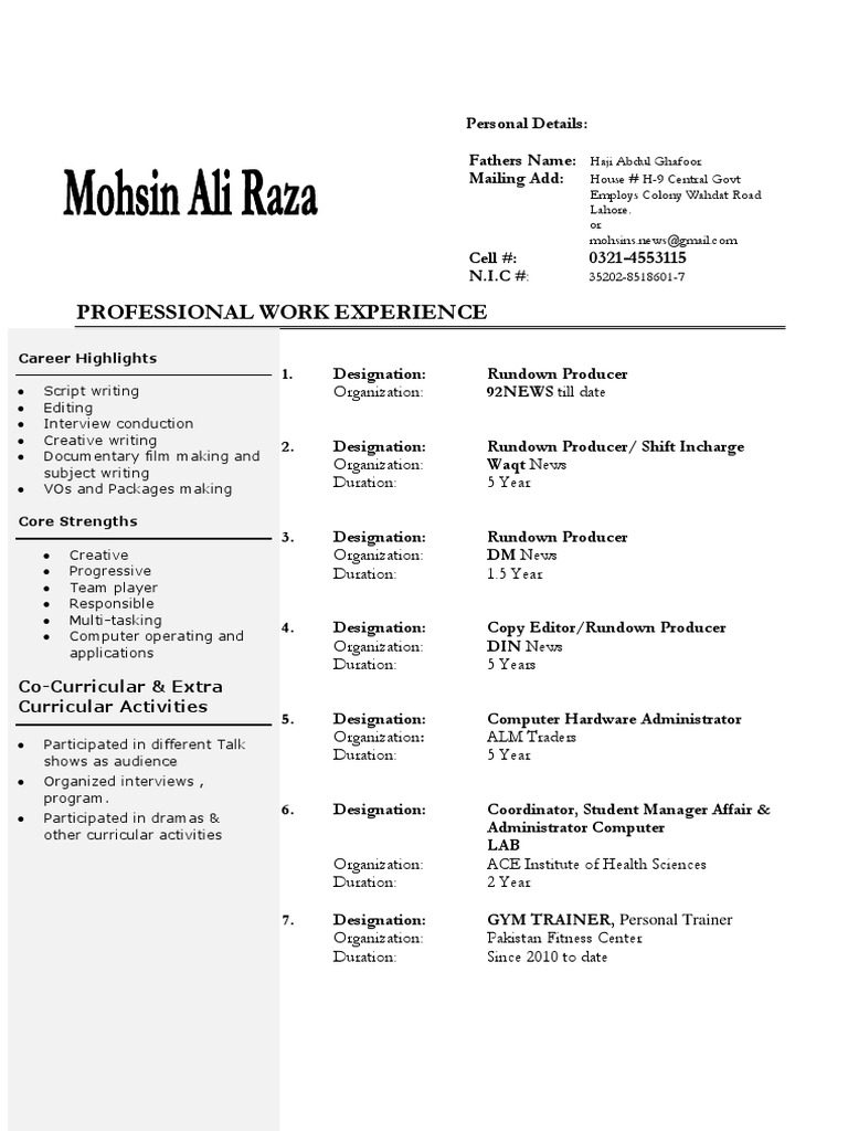 Mohsin Update CV 92 | PDF | News | Mass Media