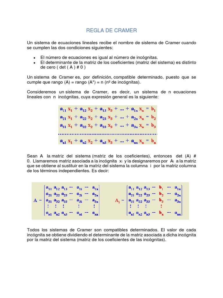 Regla de Cramer | PDF | Sistema de ecuaciones lineales | Ecuaciones