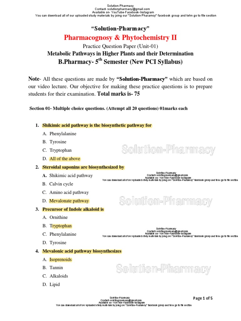 Unit 1 Model Question Paper | PDF | Natural Products | Molecular Biology
