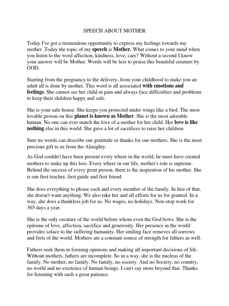 Speech About Mother | PDF | Gratitude | Mother