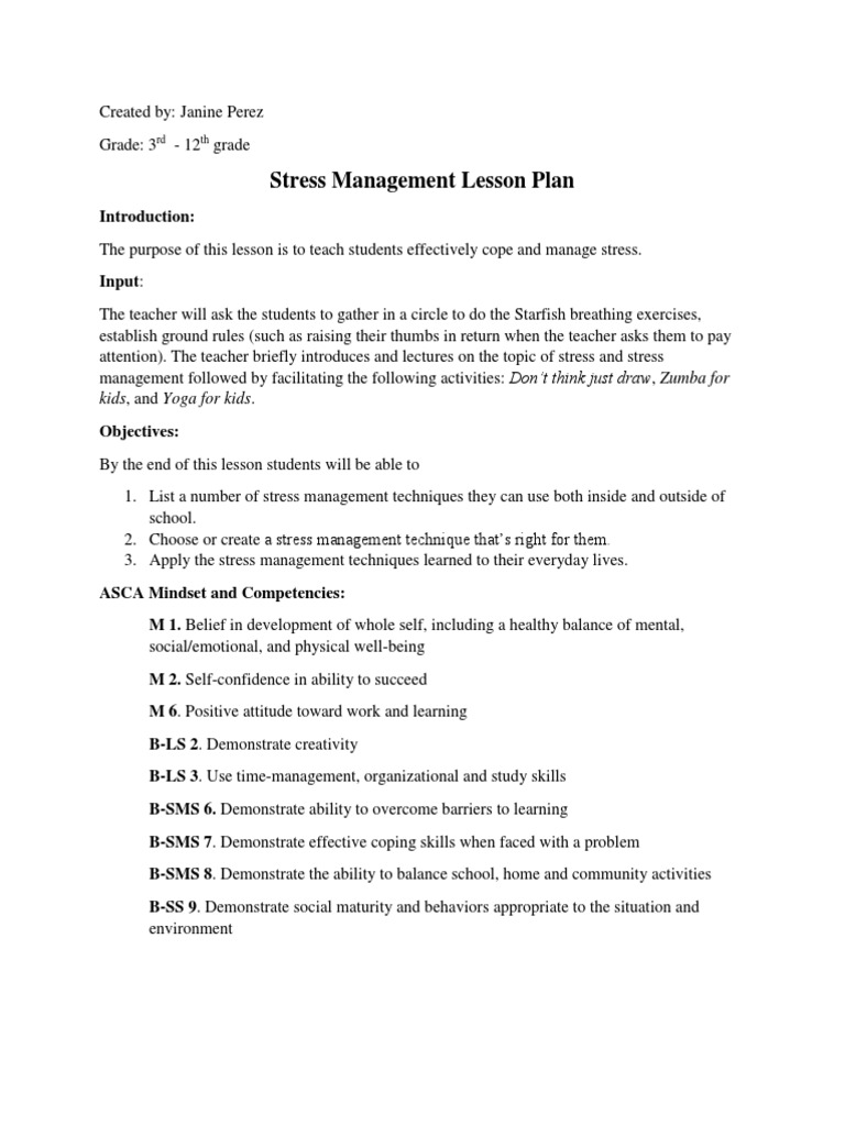 Stress Management Lesson Plan | PDF | Stress Management | Stress (Biology)