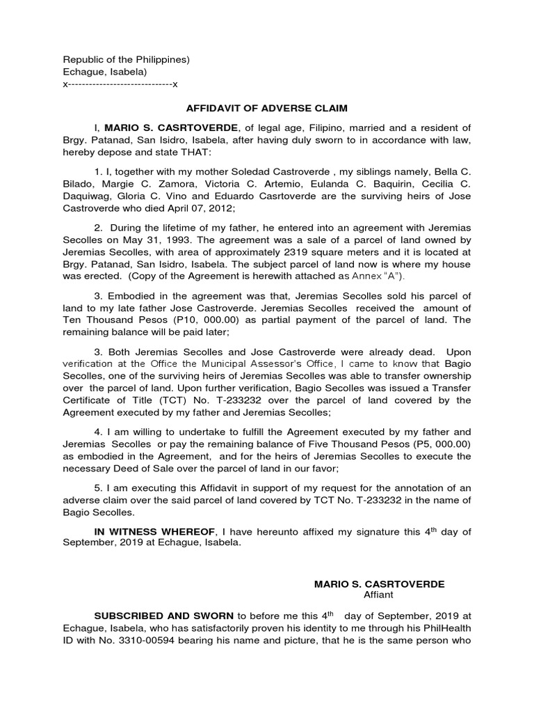 Affidavit of Adverse Claim | PDF | Civil Law (Common Law) | Document