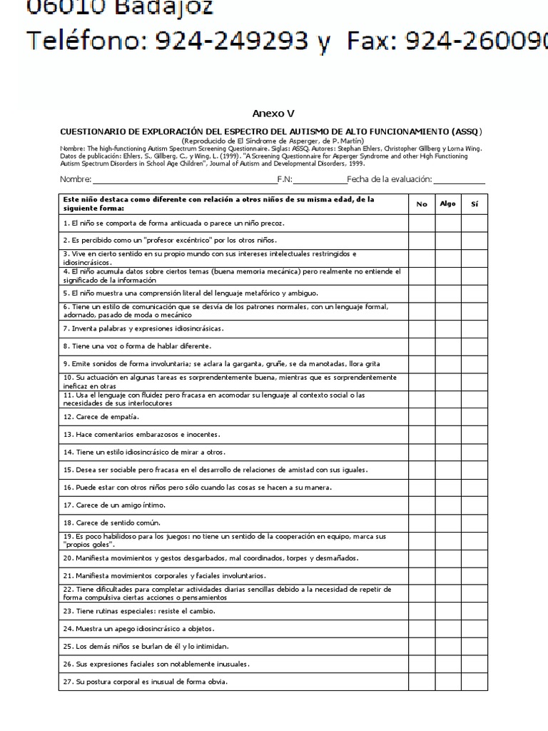 Cuestionario ASSQ Alto Funcionamiento - PW | PDF | Espectro autista ...