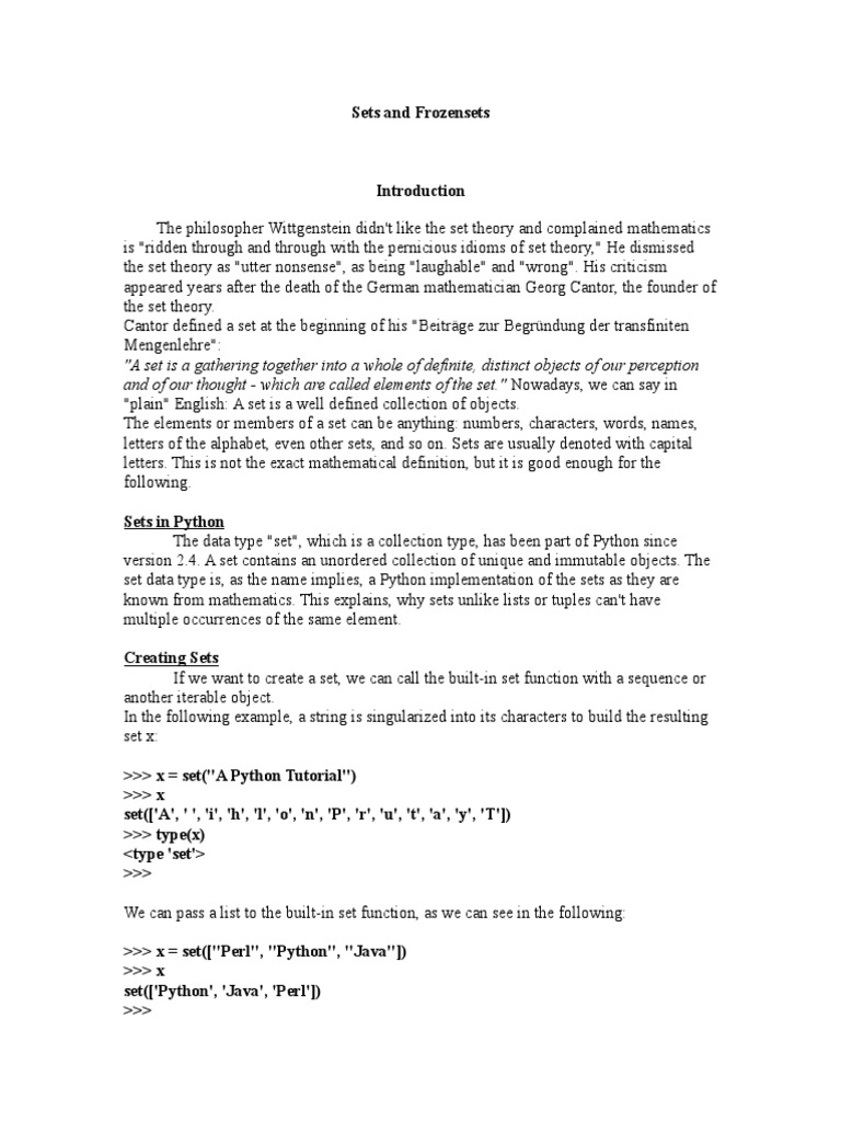 Sets and Frozensets - Python | PDF | Set (Mathematics) | Logic