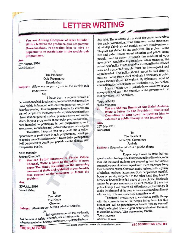 Letter Writing Format and Questions For SSC | PDF