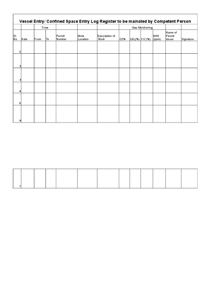 Vessel Entry, Confined Space Log Entry Register | PDF