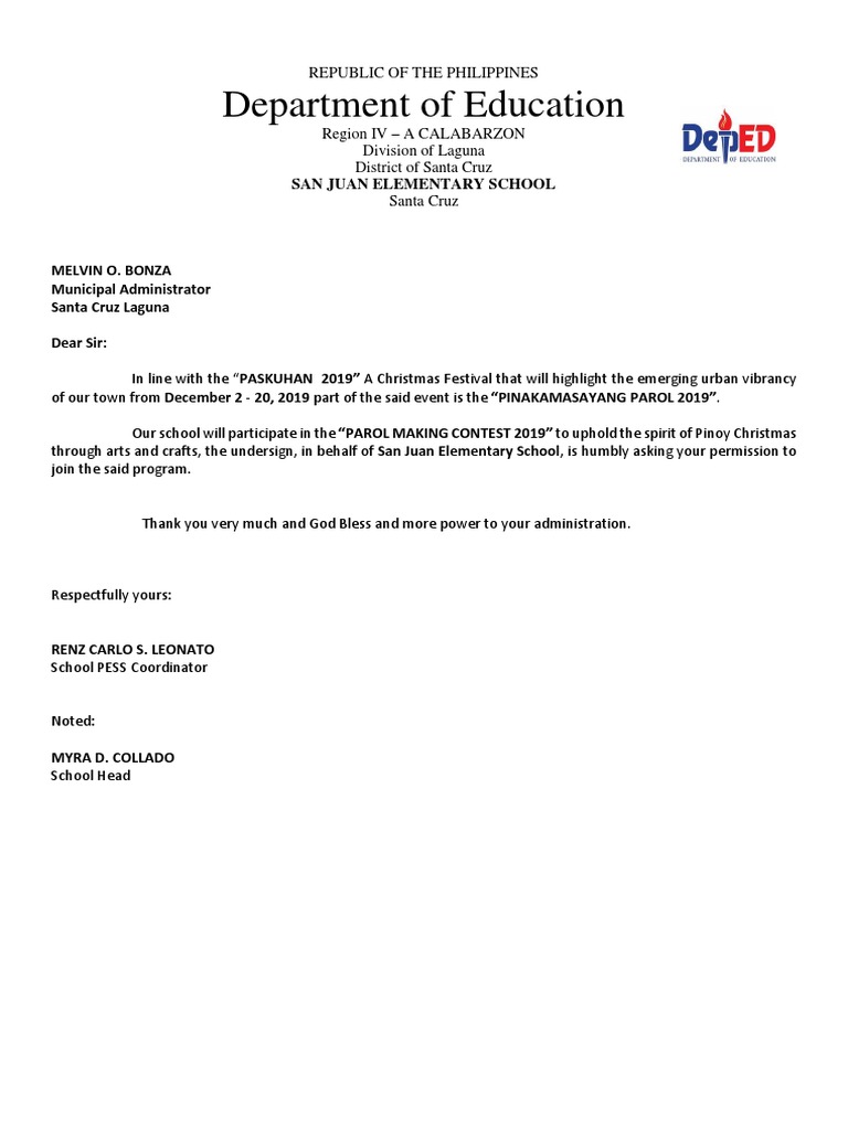 Intent Letter SanJuan ES Paskuhan 2019 | PDF