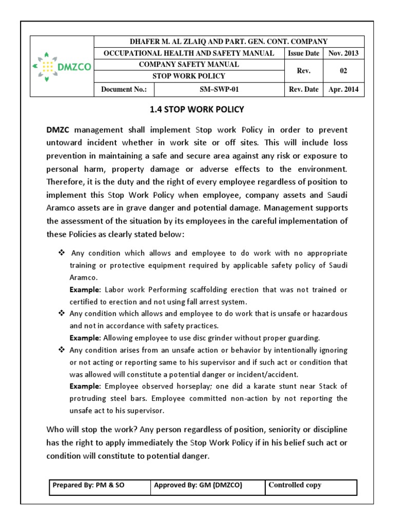 5 Stop Work Policy | PDF | Occupational Safety And Health | Safety
