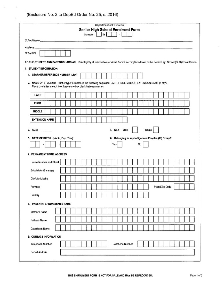 Enrolment Form - Shs | PDF