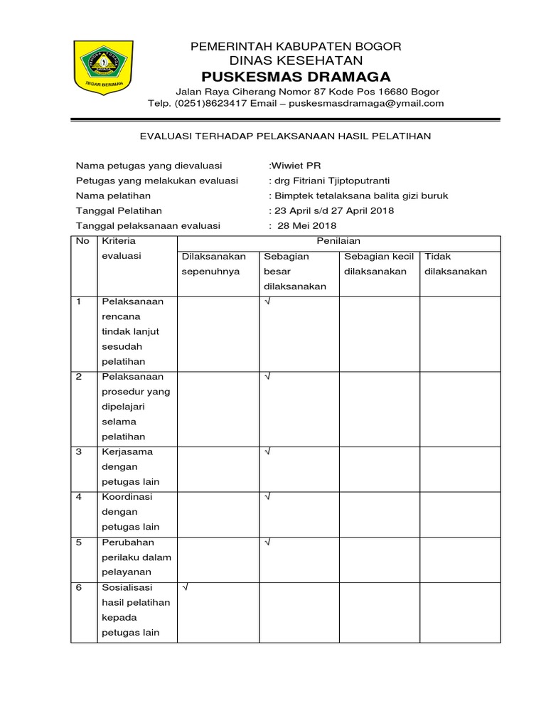 Contoh Evaluasi Terhadap Pelaksanaan Hasil Pelatihan | PDF