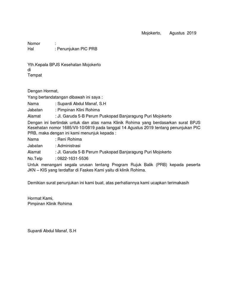 Surat Penunjukan Pic PRB Faskes | PDF