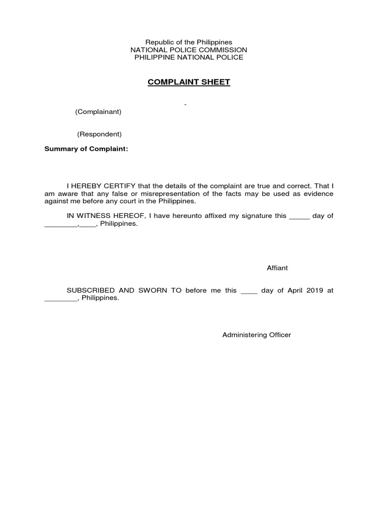 PNP Complaint Sheet Template | PDF