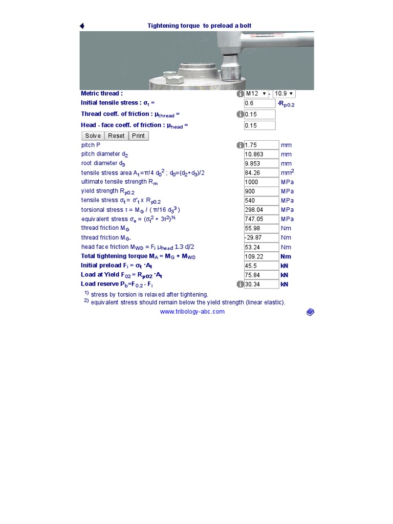 Calculator - Tightening Torque To Preload A Bolt | PDF