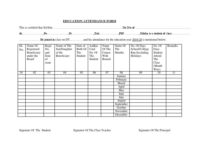 Education Attendance Form Template | PDF